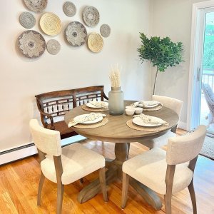 Pottery barn owen round pedestal extending dining table store